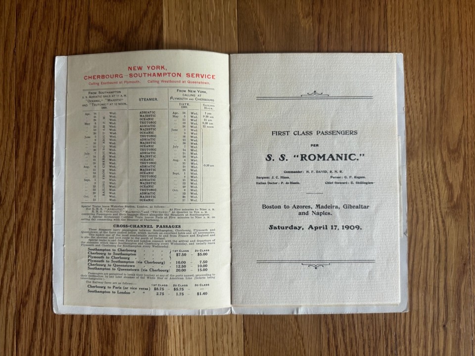 RMS Romanic Passenger List April 17, 1909 / White Star Line / RMS ...