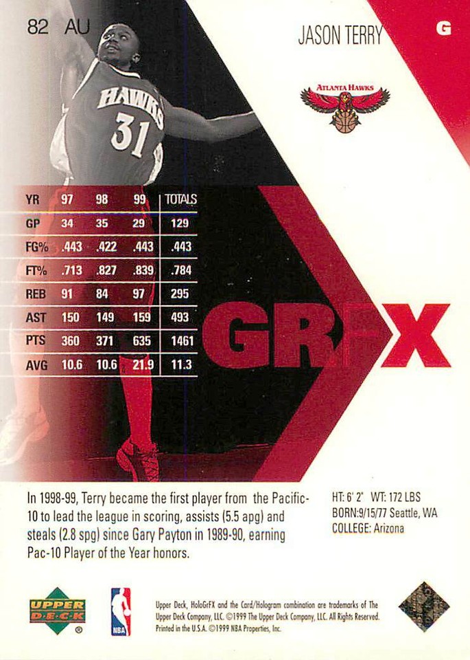 JASON TERRY 1999-00 Upper Deck HOLOGRFX GOLD AUSOME ROOKIE RC #82 Hawks ...