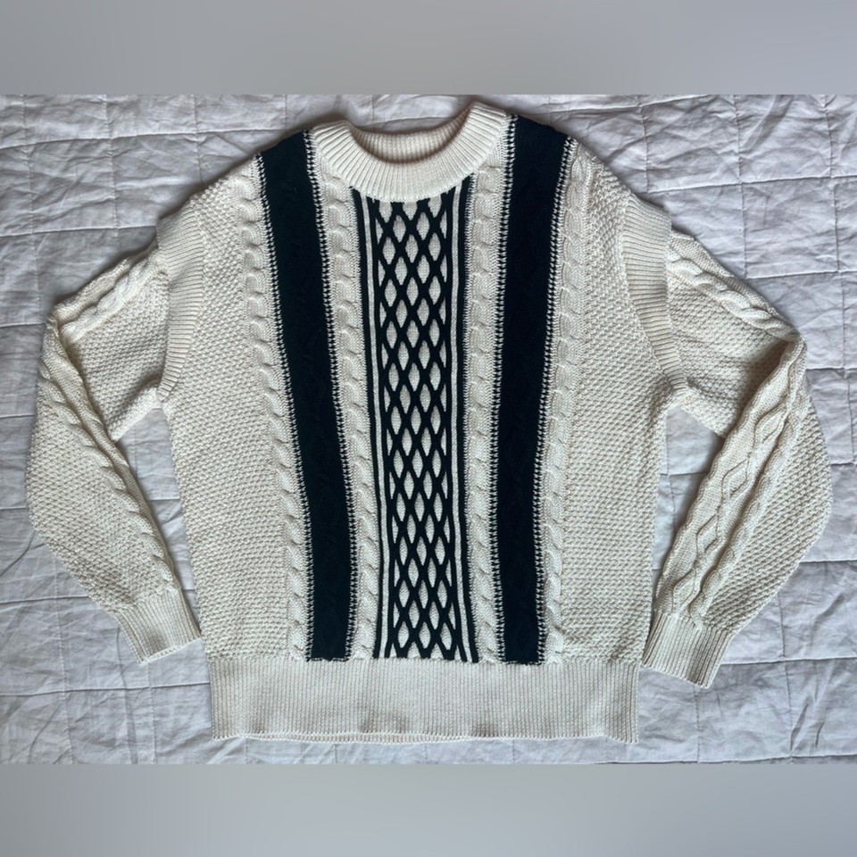 525 America Nia Black Cream Shoulder Trim Cable Knit Pull Over Sweater ...