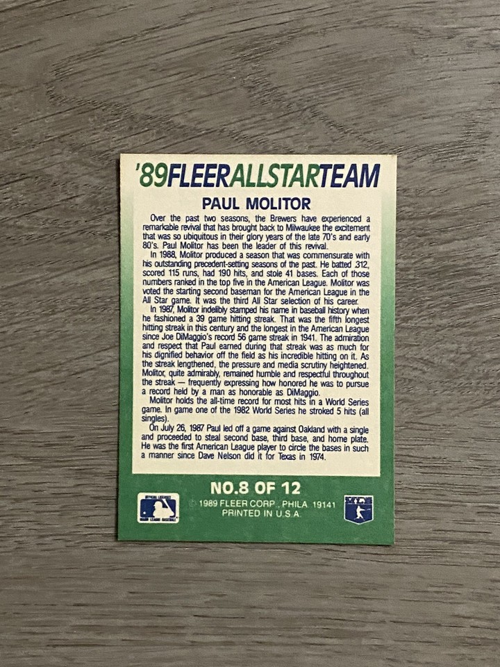 1989 MLB Fleer 'All-Star Team' | Paul Molitor | #8 | Milwaukee Brewers ...