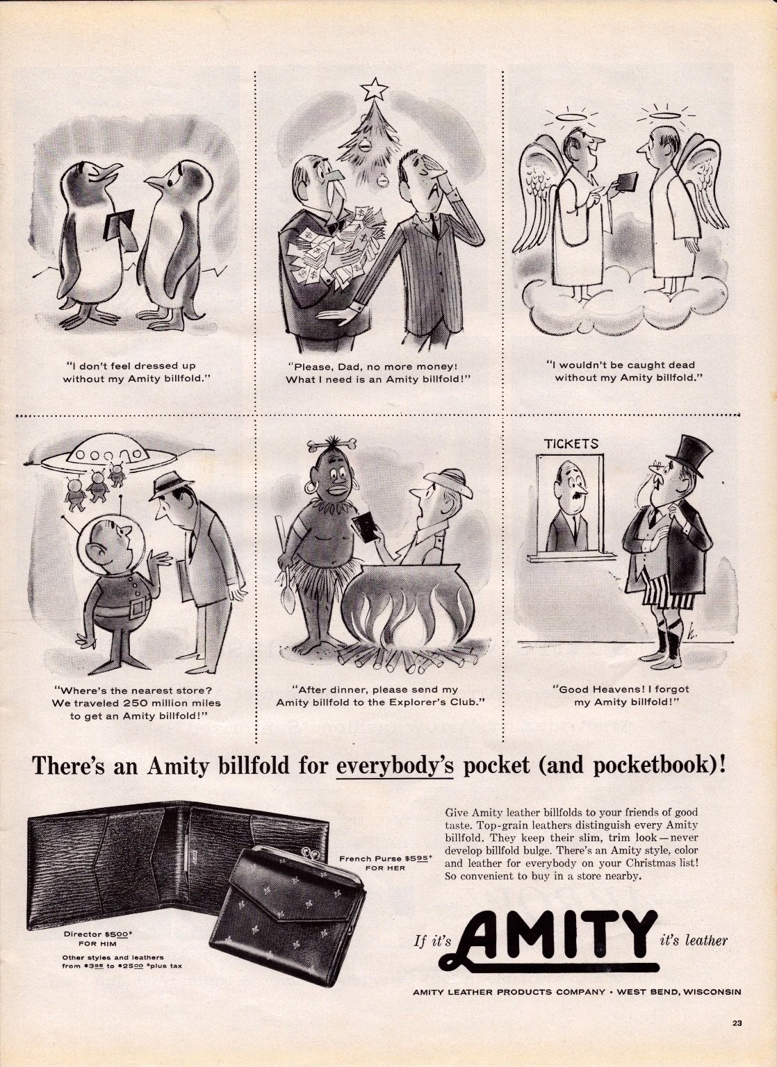 Amity Leather Billfold Vintage Cartoon Print Ad 1958 Black & White Art ...
