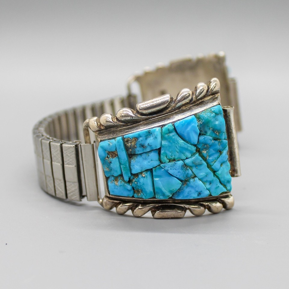 ZUNI-VINTAGE 1970's STERLING & TURQUOISE WATCH BAND by WAYNE & VIRGINIA ...