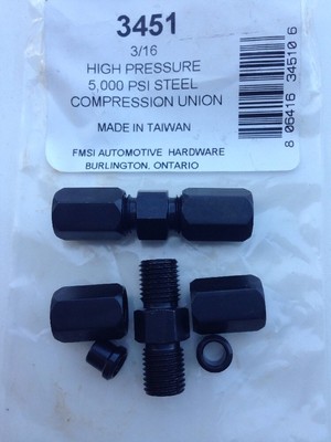 3/16" High Pressure 5,000 Psi Black Steel Compression Union | 2 Pcs ...