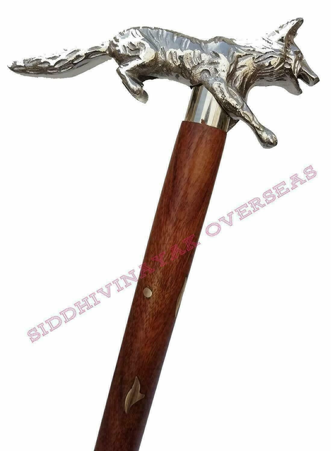Antique Brass Silver wolf head handle Wooden cane Wal… - Gem