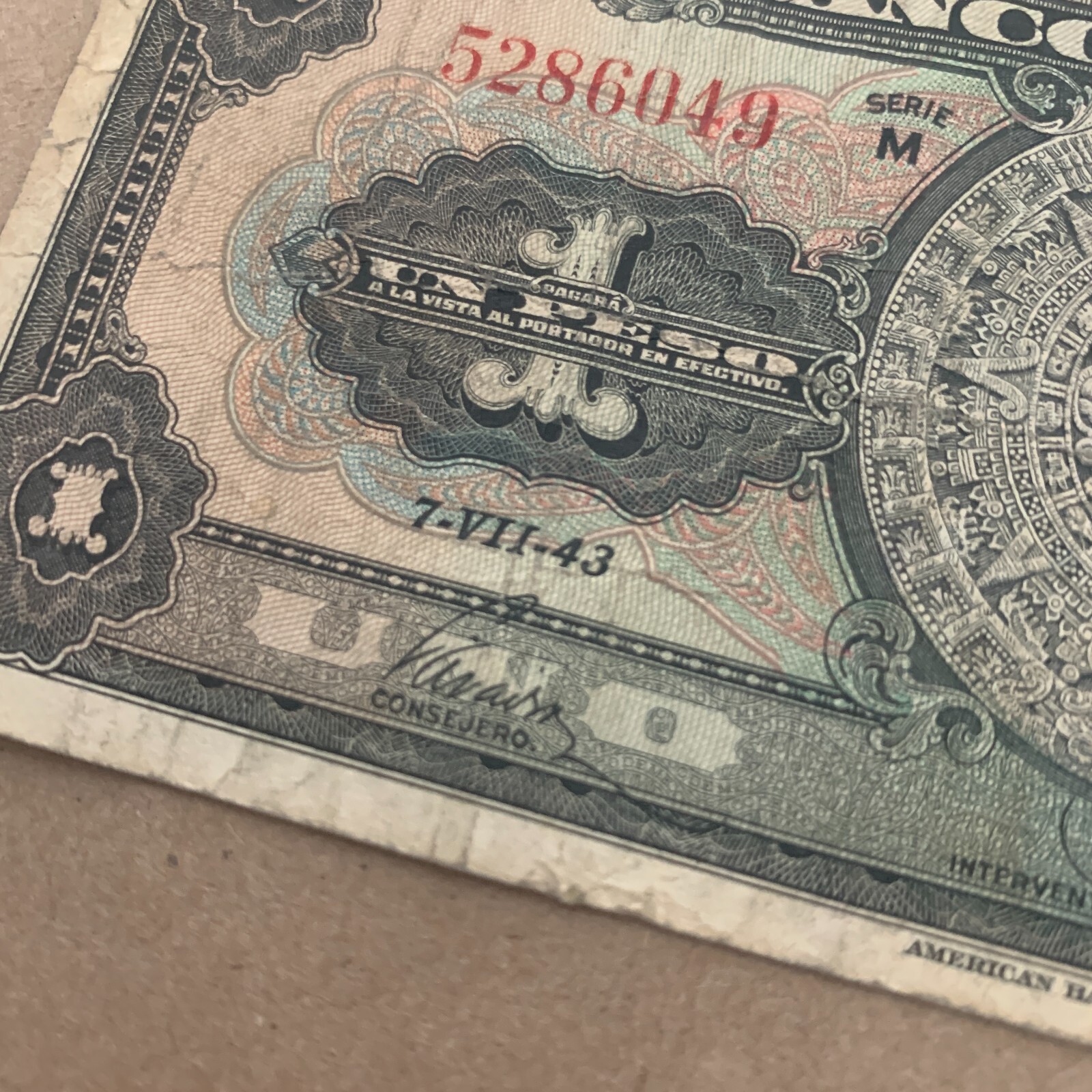 WW2 era 1943 MEXICO 1 Peso BANKNOTE AZTEC CALENDAR Mexican Currency ...