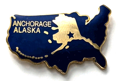 Anchorage Alaska Pin USA Map Overlay Blue Gold Tone Travel Souvenir ...