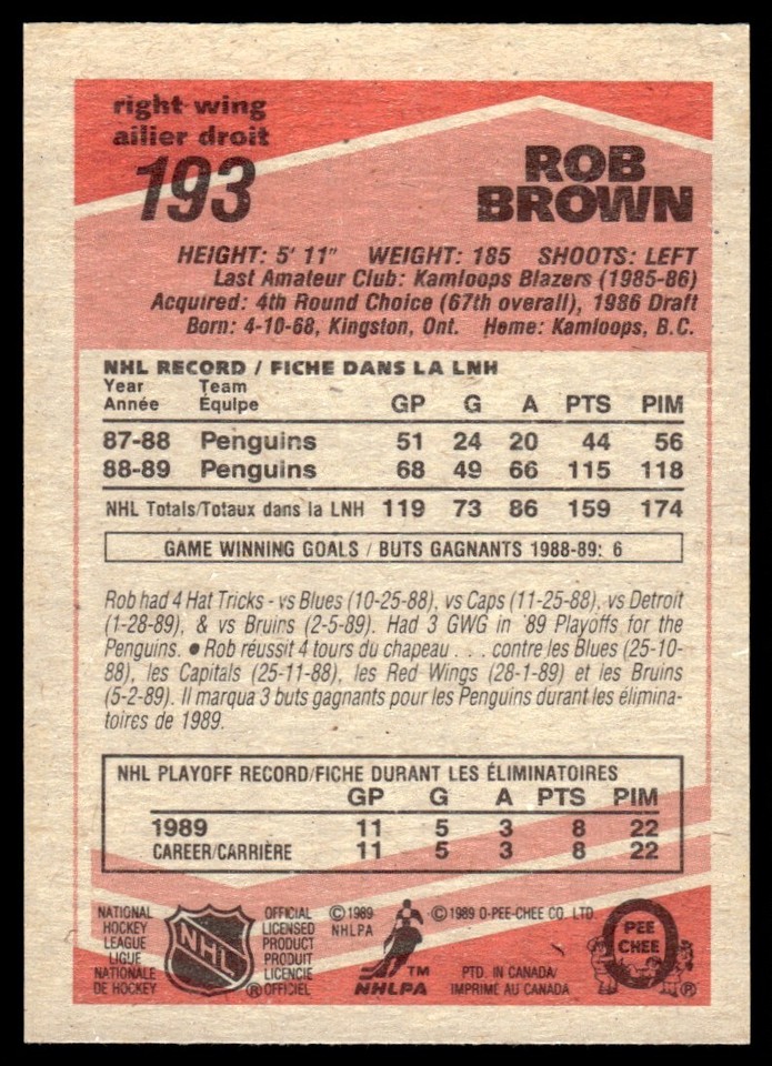 1989-90 O-Pee-Chee Rob Brown Pittsburgh Penguins #193 | eBay