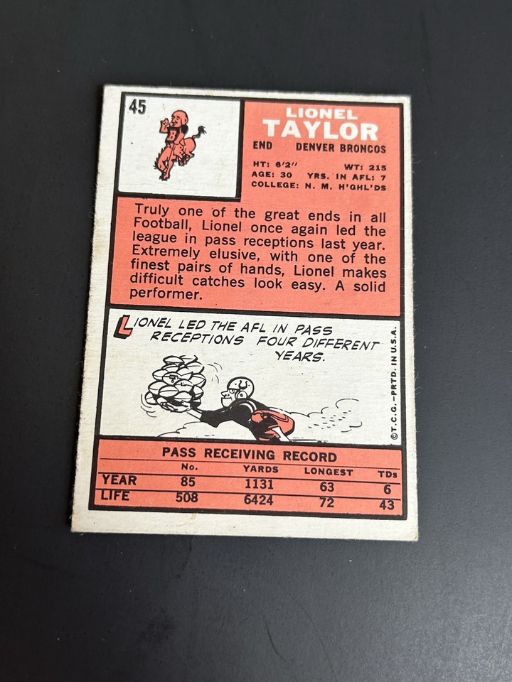1966 Topps Football #45 Lionel Taylor AFL EX Denver Broncos New Mexico ...