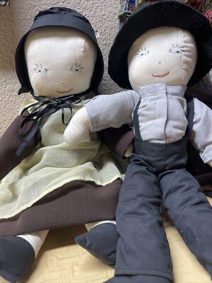 Vintage Pilgrim Dolls Boy Girl Amish Look Handmade W/ Stitched On Faces ...
