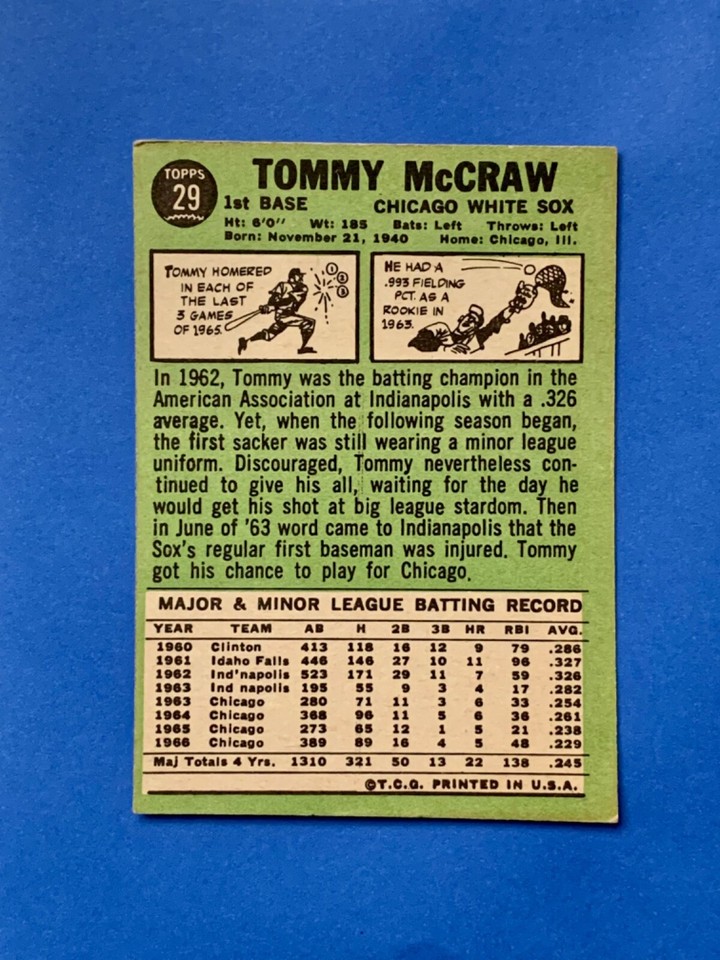 NICE - 1967 Topps BASEBALL #29 TOMMY McCRAW White Sox | eBay