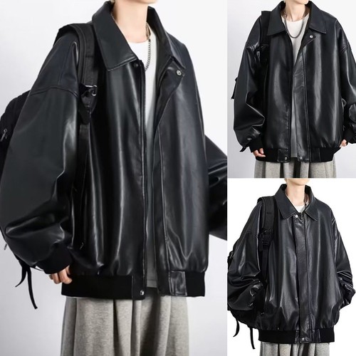 Loose Casual Mens PU Leather Motorcycle Jacket Ruffled Autumn Outerwear ...