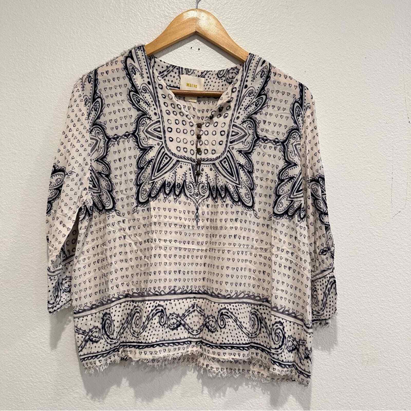 Maeve Anthropologie Morgan Heart Fringe Top in Blue Cream Sz XS | eBay