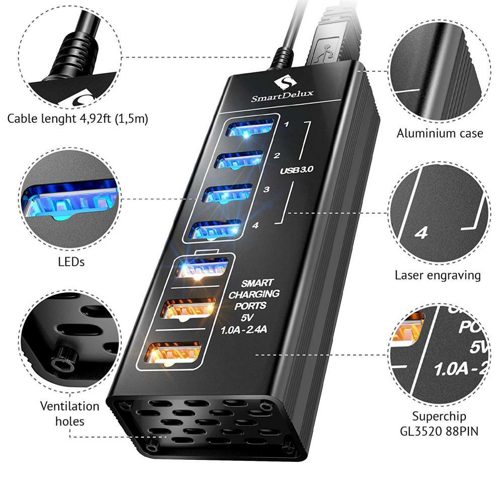 SmartDelux Powered USB Hub - 7-Port 3.0 with 4 Ports, 3... | eBay