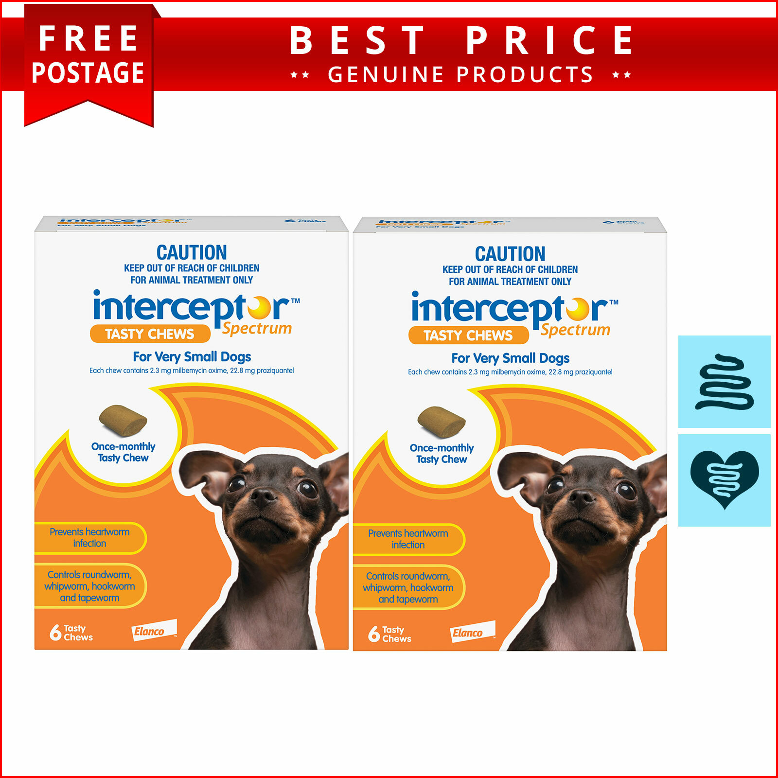 INTERCEPTOR Spectrum 3, 6, 12 Doses BROWN for Dogs Up to 4 Kg Heartworm ...