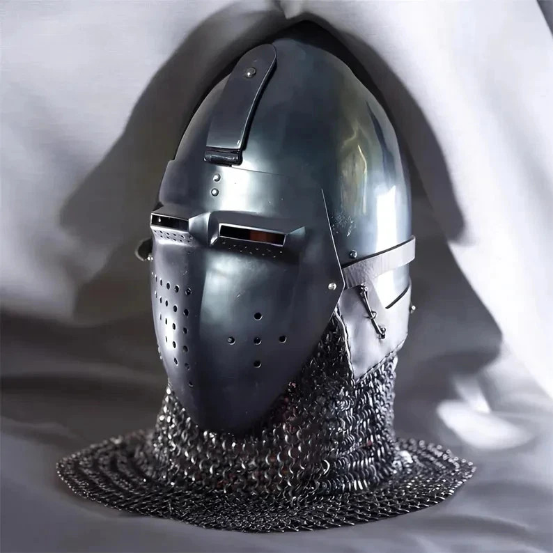 Medieval Bascinet Knight Helmet: Black Steel Armor, Chainmail Aventail ...