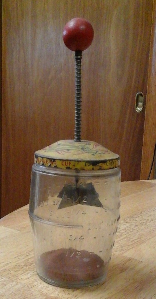 Vintage Kitchen Chopper Glass Measuring Cup Red Wood Handle Art Deco ...