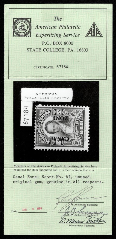 MALACK Canal Zone 67 F/VF OG VLH, w/APS (01/89) CERT..MORE.. gg3945 | eBay