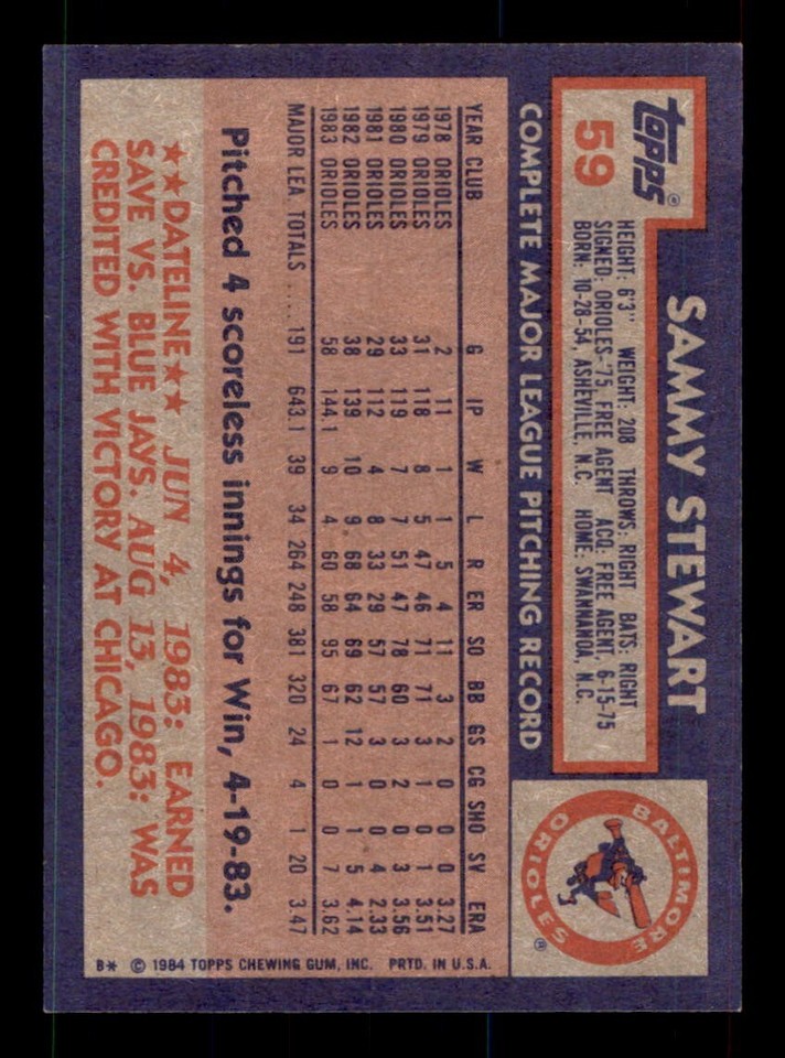 1984 Topps Baseball #59 Sammy Stewart EX/MT or Better *cc1 | eBay