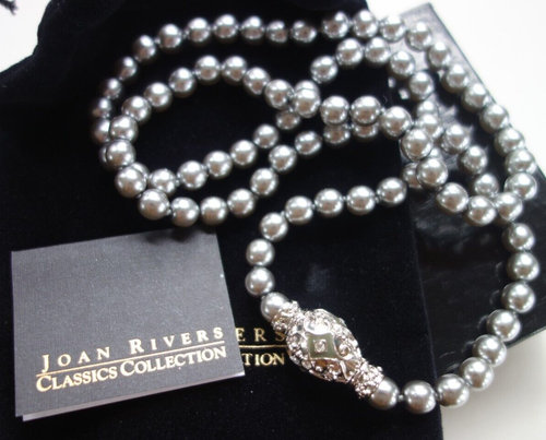JOAN RIVERS Gray Pearl Necklace 30" w/ Magnetic Clip and BOX & Pouch | eBay