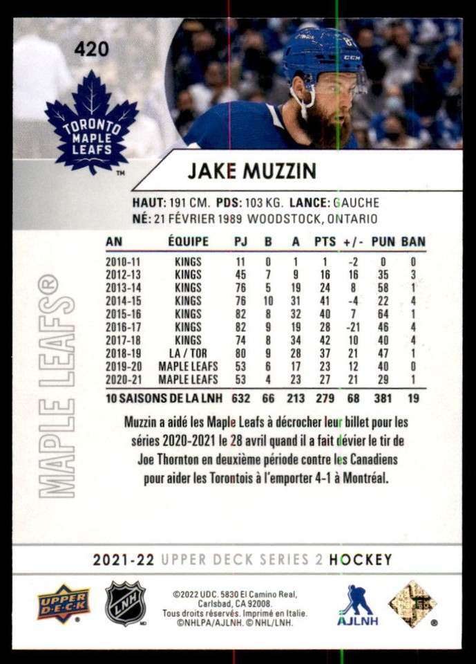 2021-22 Upper Deck #420 Jake Muzzin French | eBay