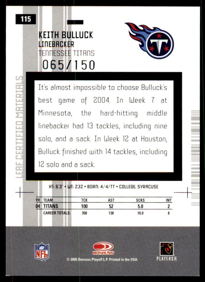 2005 Leaf Certified Materials Keith Bulluck 065/150 Tennessee Titans ...