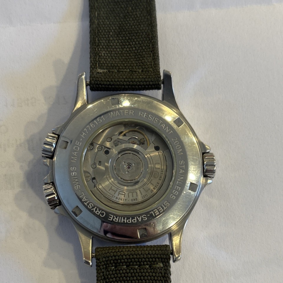 Hamilton Khaki Automatic Military Watch Black Dial Green Fabric Band ...