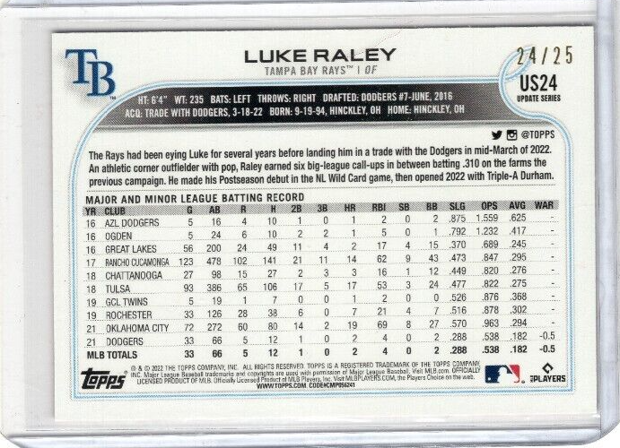 2022 Topps Update Series Luke Raley Memorial Day Camo #US24 24/25 Tampa ...