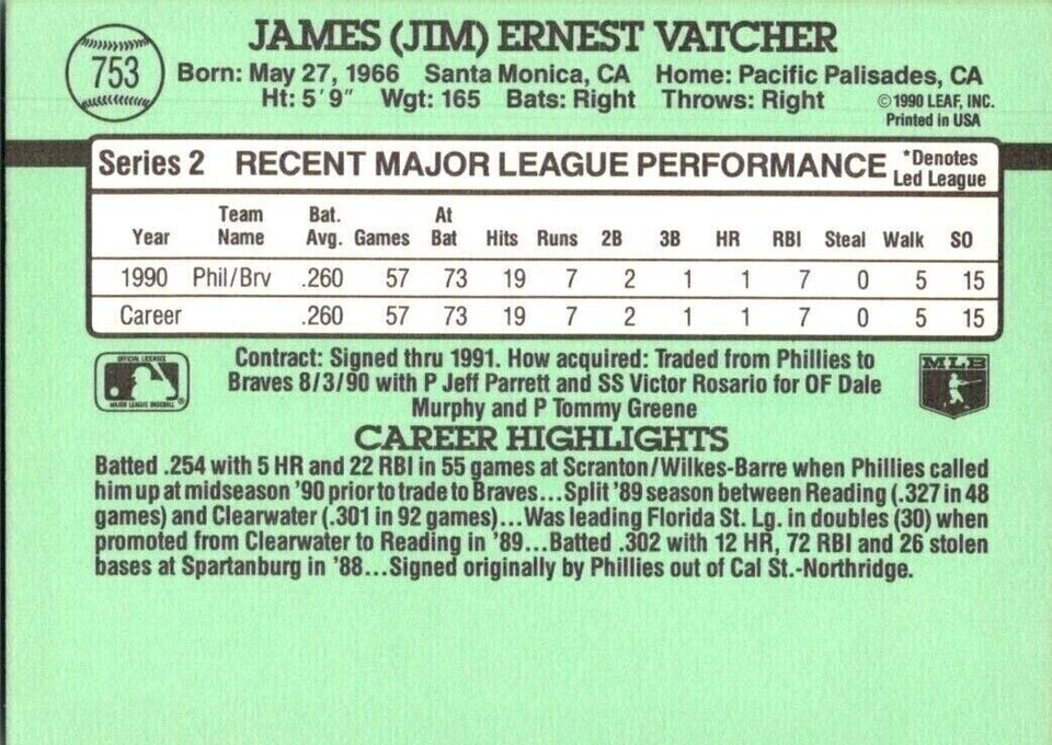 James (Jim) Ernest Vatcher Atlanta Braves 753 Donruss 1990 Baseball ...