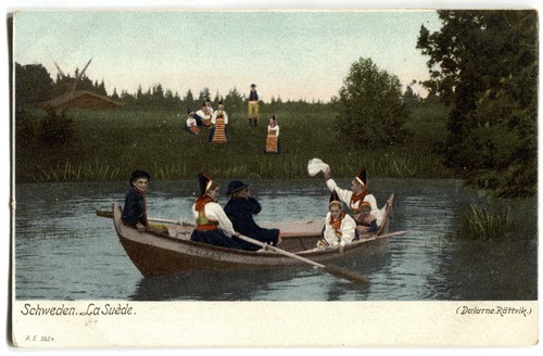 POSTCARD Sweden Dalarna Rattvik ethnic type lake boat folk costume ...