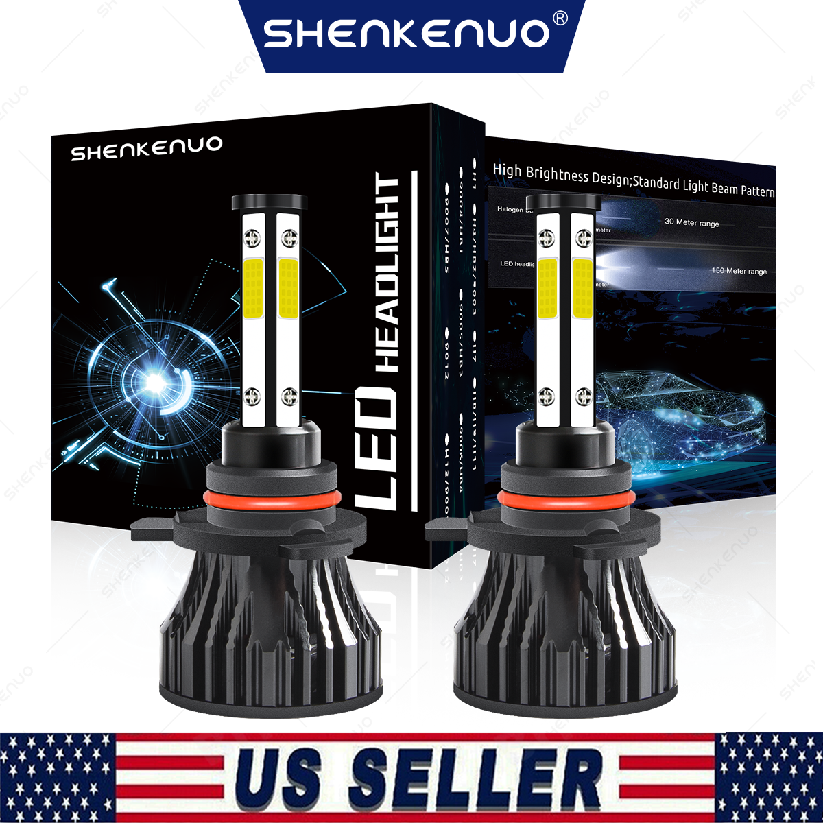 2x SHENKENUO LED Bulbs 9012 HIR2 Headlight High Low Beam Super White ...