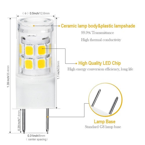 LED G8 Light Bulb, G8 GY8.6 Bi-pin Base LED, Daylight 6000K T4 G8 Base ...