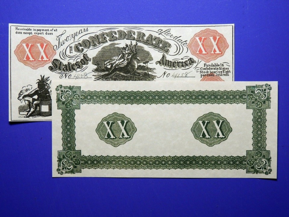 Reproduction CSA Confederate Currency $20 Lady Riding Deer XX-I Bogus ...