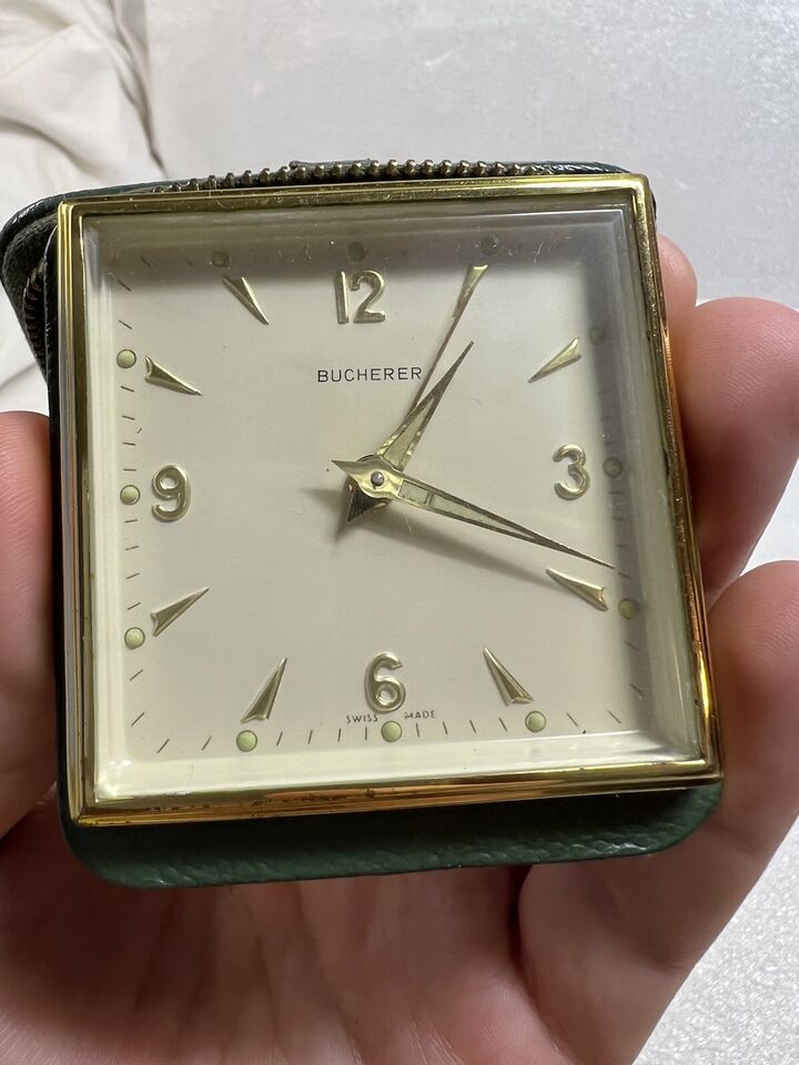 RARE VINTAGE BUCHERER GREEN SUITCASE TRAVEL ALARM CLOCK - TESTED/WORKS ...