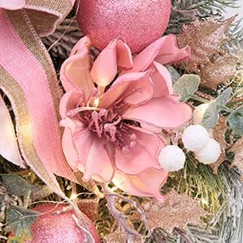 22" Pink Magnolia Christmas Wreath with LED Lights - Festive Holiday ...