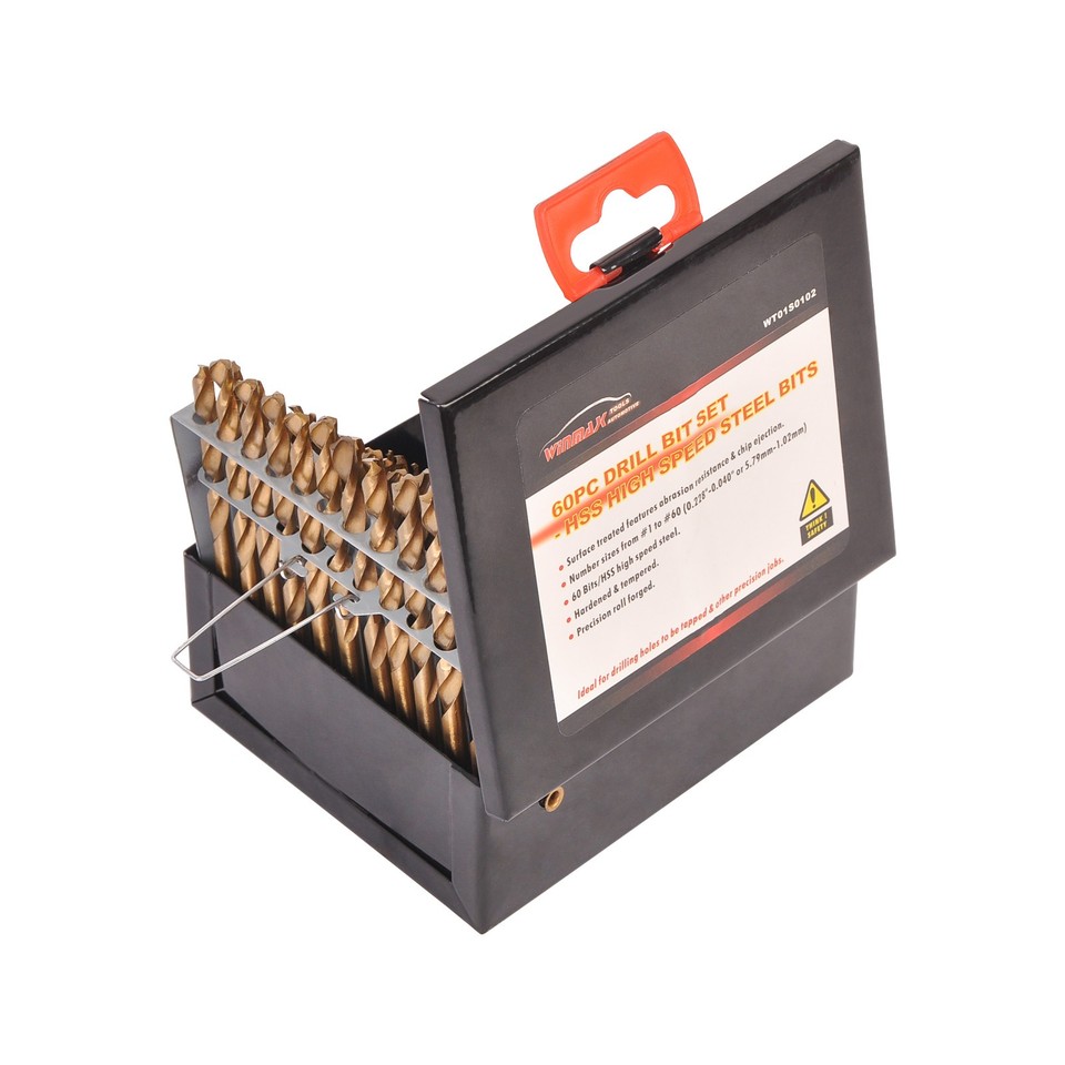 60pc Drill Bit Set Straight HSS High Speed Steel Bits Numbered #1-#60 ...
