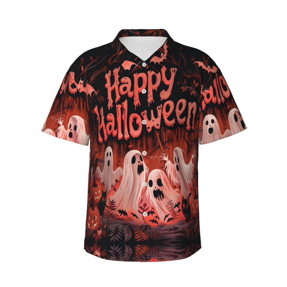Mens Halloween Ghost Print Pink Summer Shirt Button Down Short Sleeve ...
