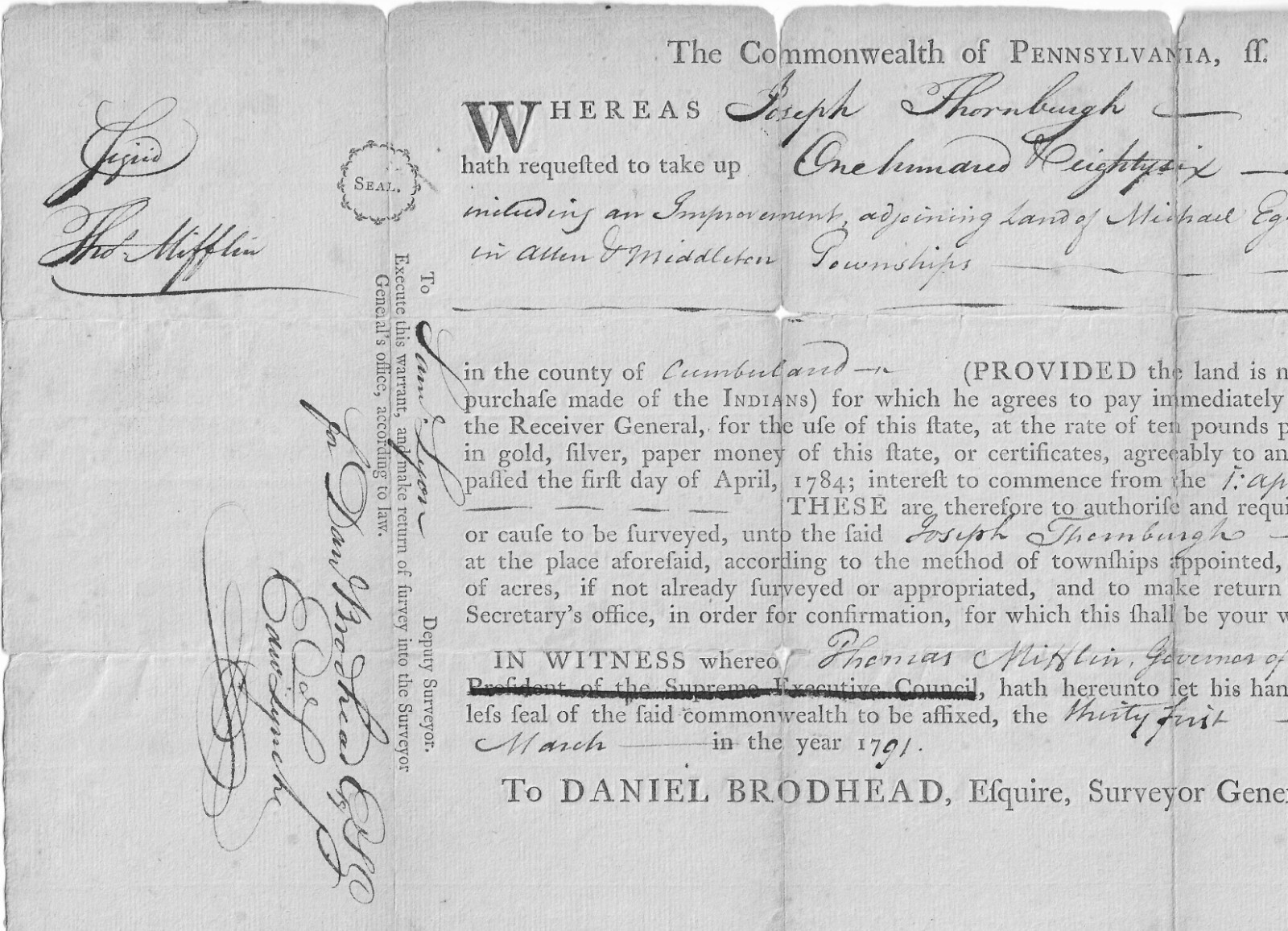 Founding Father Thomas Mifflin Signs Request For Land Survey Less ...