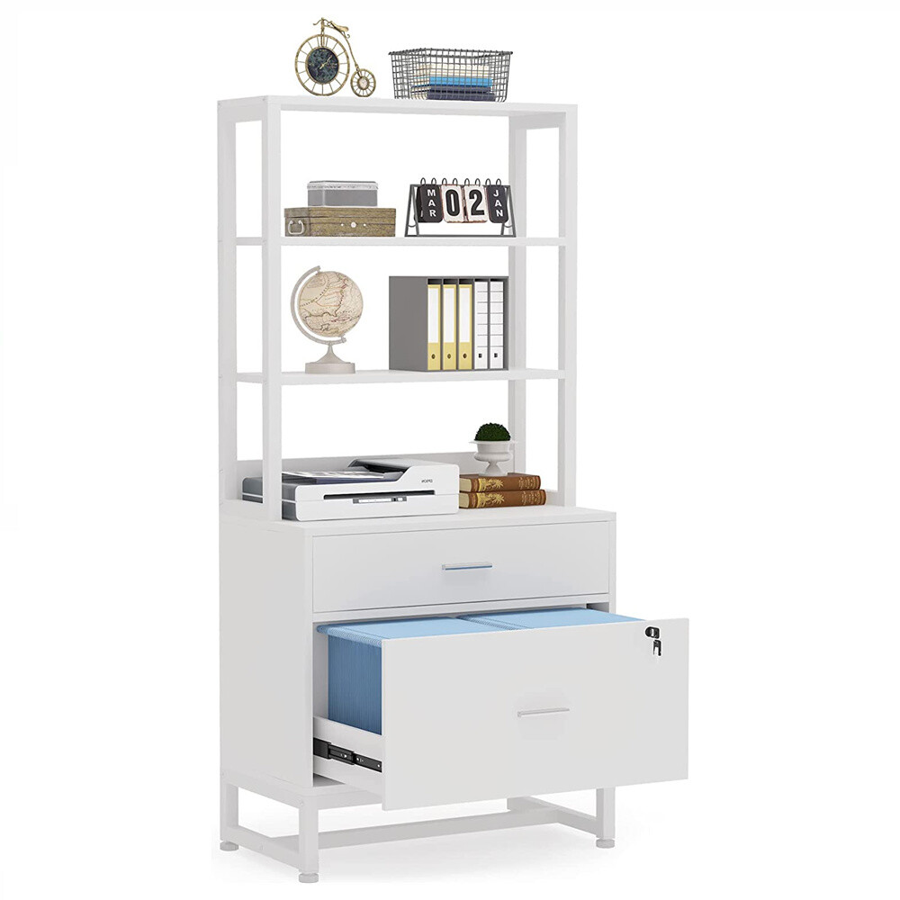 Vertical File Cabinet Printer Stand with Open Shelves and 2 Drawers ...
