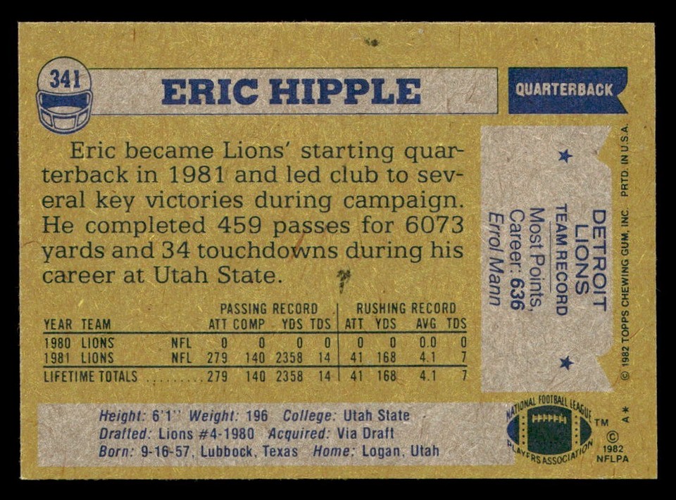Eric Hipple 1982 Topps Rookie Card #341 Detroit Lions | eBay