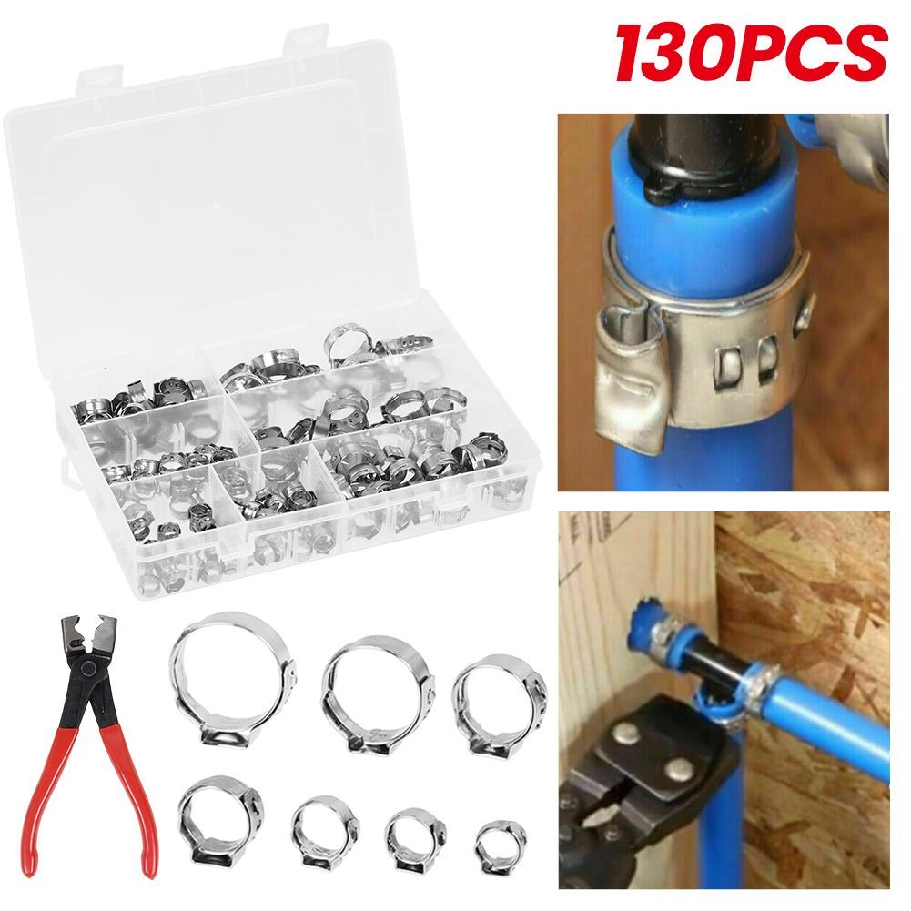 130x Single Ear Hose Clamps O Clip Water Fuel Pipe Crimping Tool Kit ...