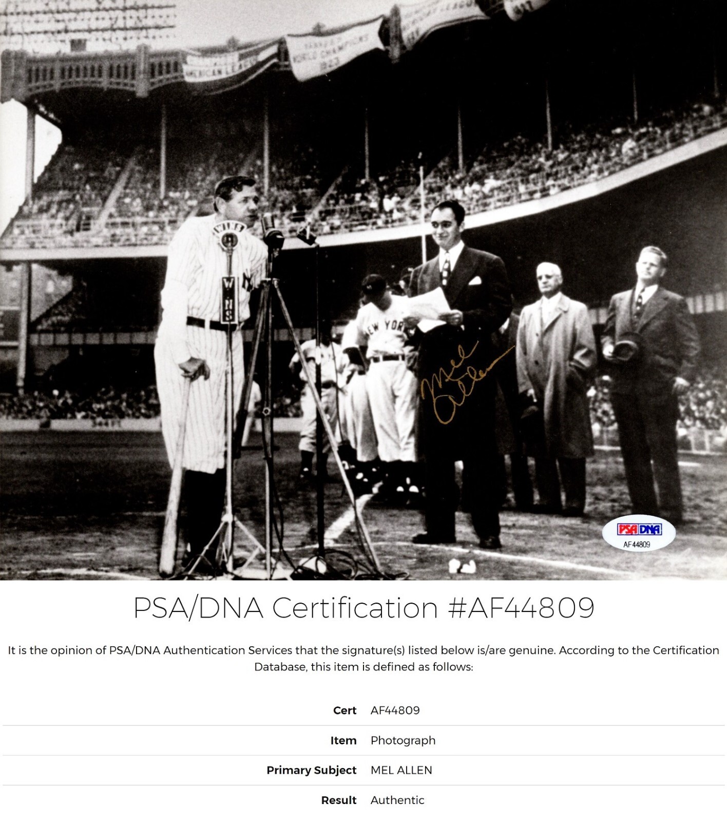 Mel Allen Signed NY Yankees Announcer 8x10 inch Photo Babe Ruth PSA/DNA ...