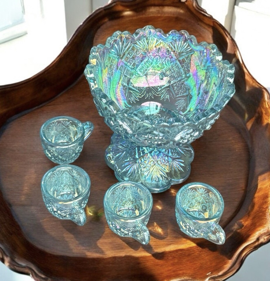 Westmoreland Thumbelina Mini Punch Bowl & 4 Cups Blue Iridescent ...