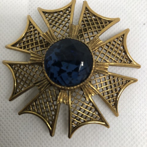Art Deco Style Sunburst Pin Brooch Antique Brass Filigree Blue Faceted ...