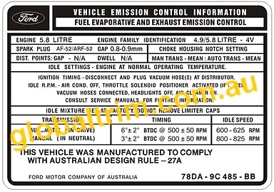 FORD ENGINE EMISSION LABEL DECAL STICKER XD 5.8 V8 FALCON GL FAIRMONT ...