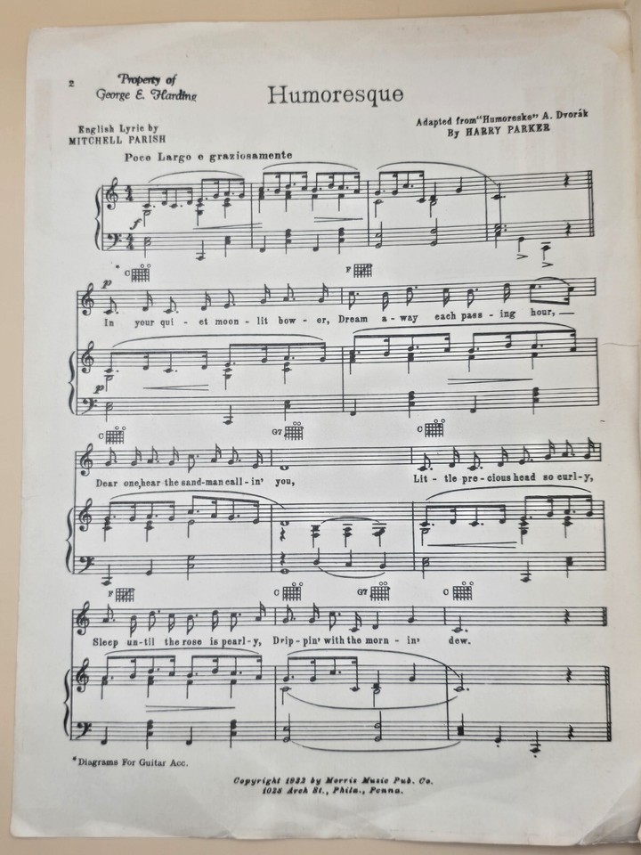 HUMORESQUE-Song With Guitar Chords-Music Sheet-Morris Music Co-1932-A ...