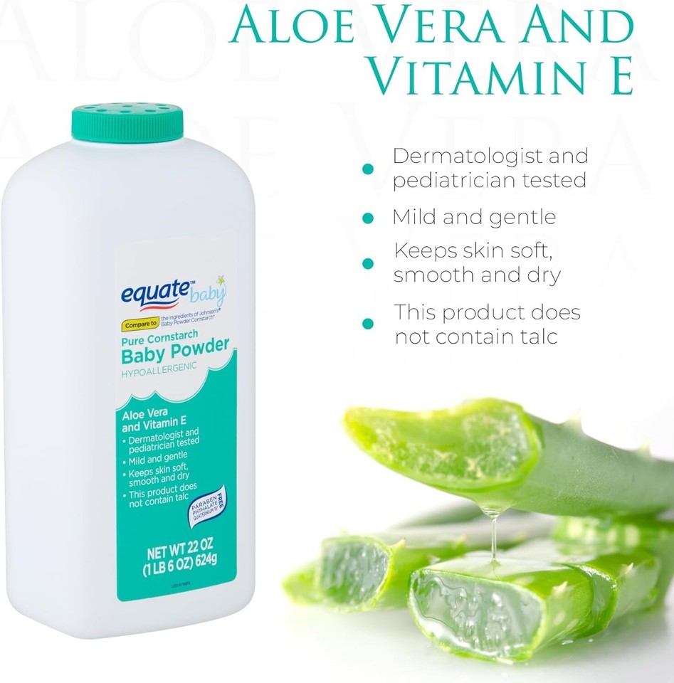 Equate Pure Cornstarch Baby Powder, Hypoallergenic, Vitamin E & Aloe ...