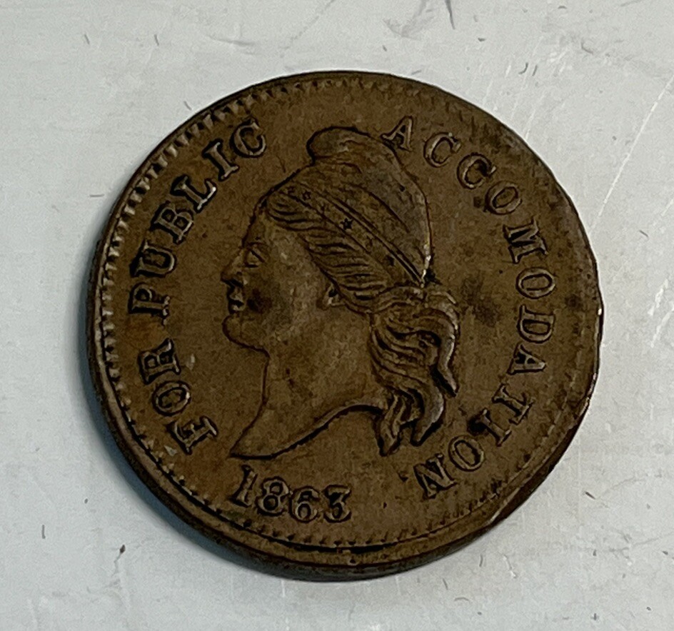 1863 KNICKERBOCKER C.W. TOKEN IOU 1, CENT TYPE 2, CROOKED CANE 2 COAT ...