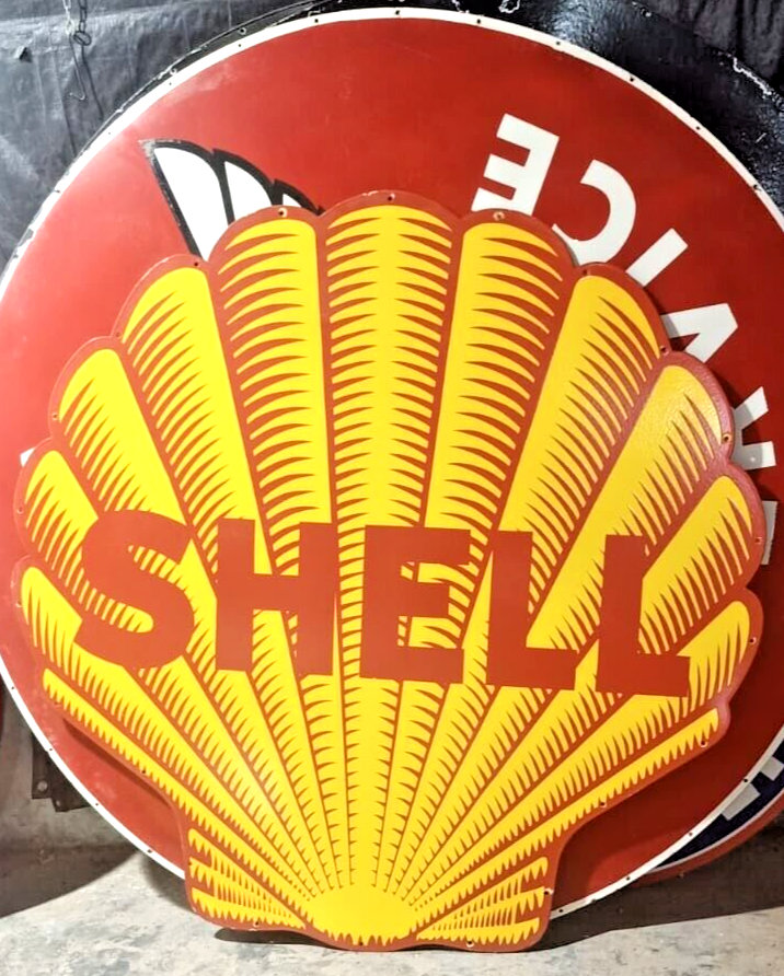 SHELL GAS & OIL ADVERTISEMENT DOUBLE SIDED PORCELAIN ENAMEL 5 FEET DIE ...