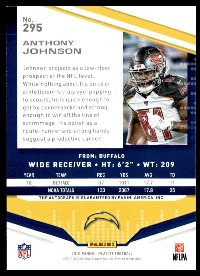 2019 Panini Playoff Anthony Johnson Rookie Auto Los Angeles Chargers ...