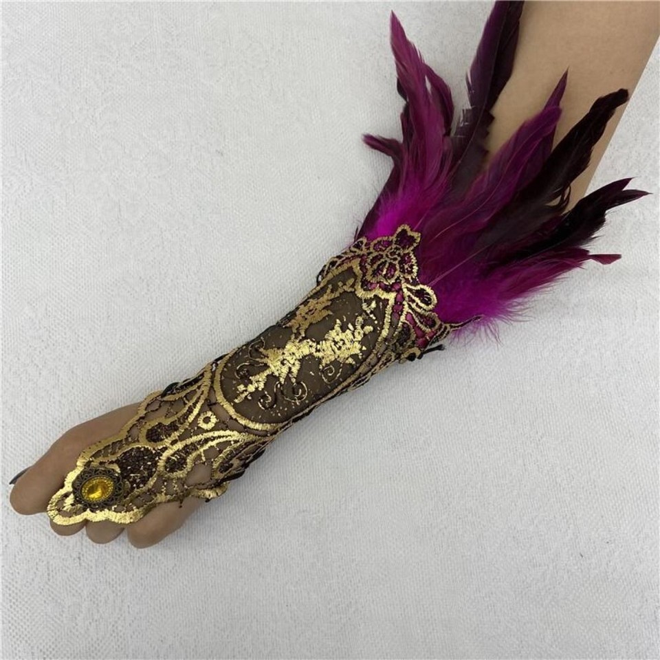 Embroidery Halloween Feather Gloves Women Feather Lace Glove Cosplay ...